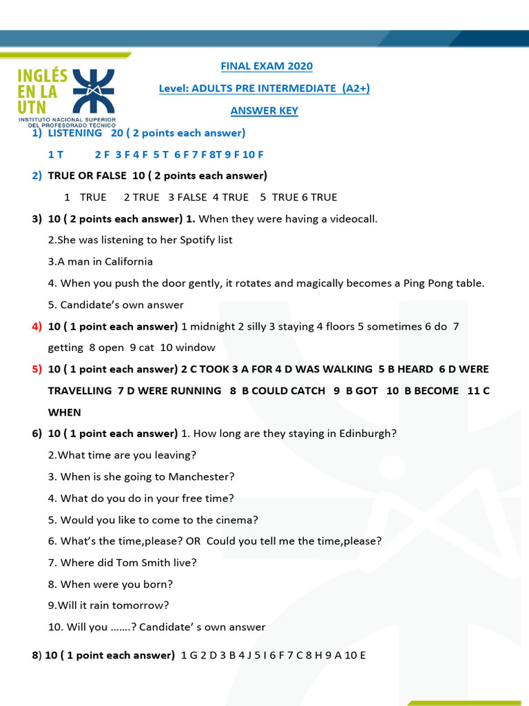 Adults Pre Intermediate Answer Key 2021 | PDF