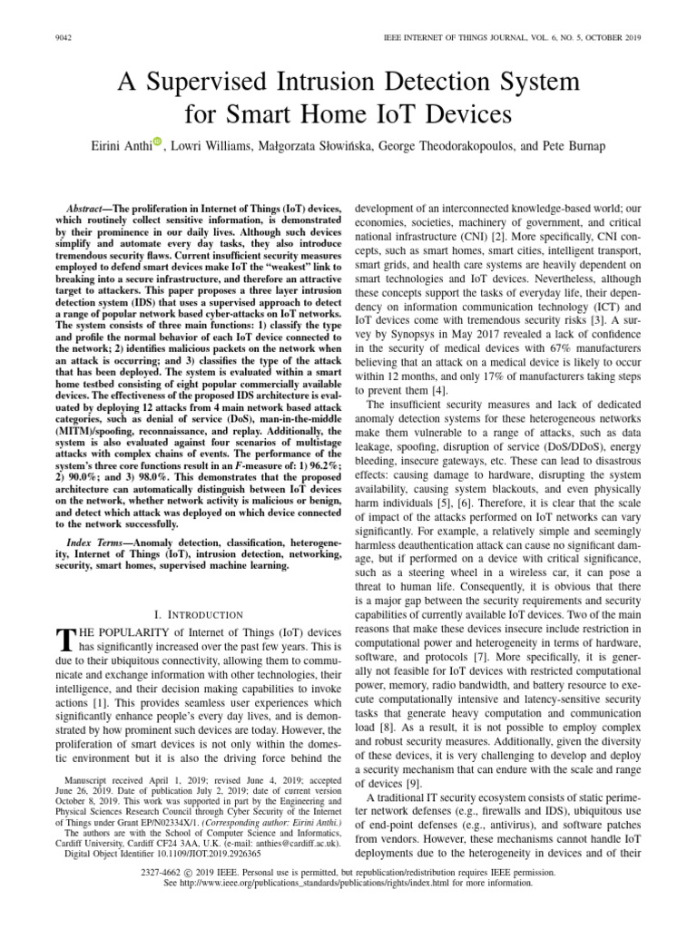 A Supervised Intrusion Detection System For Smart Home IoT Devices | PDF