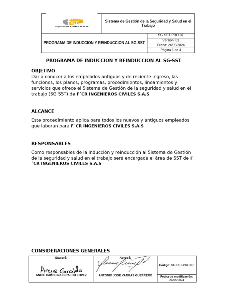 Pro-07 Programa de Induccion y Reinduccion Al SGSST | PDF