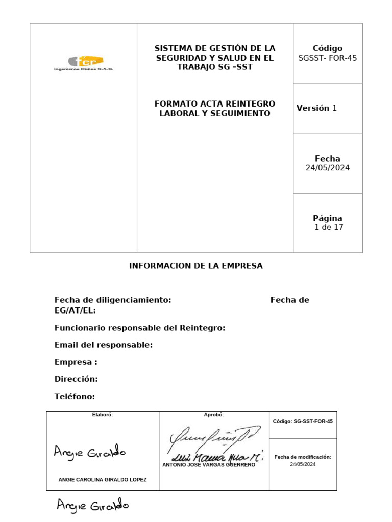 For-45 Formato Acta de Reintegro Laboral y Seguimiento (1) | PDF
