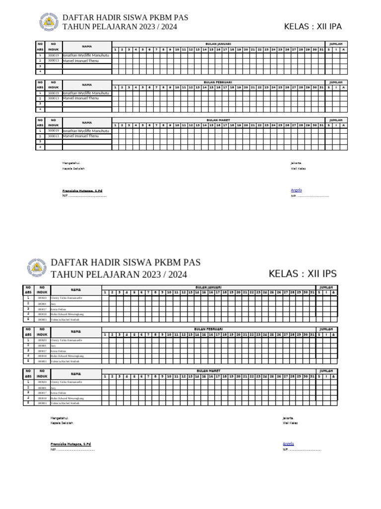 Daftar Hadir Senior Class PKBM | PDF