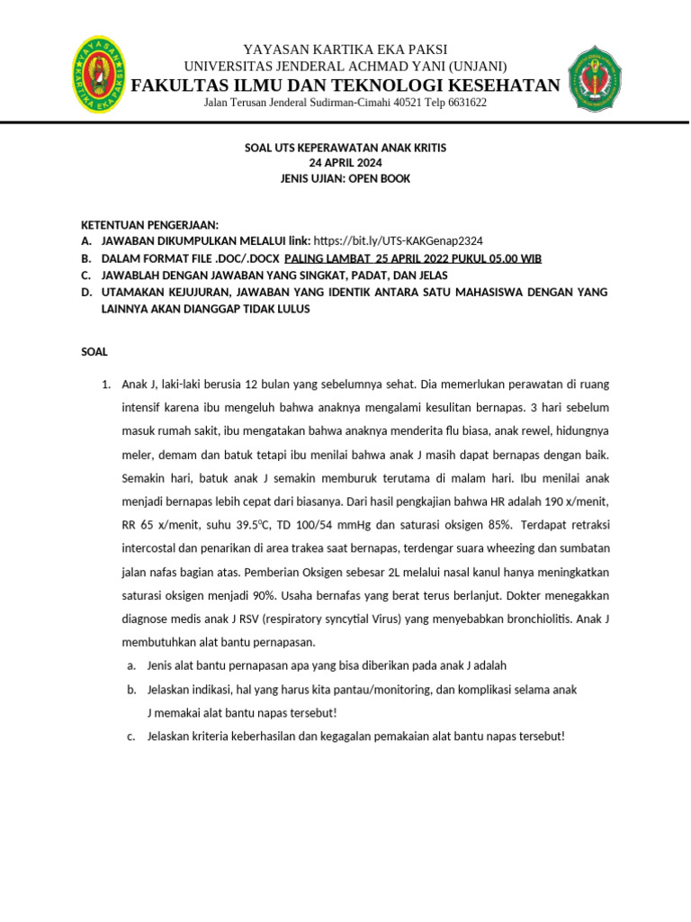 Soal UTS Keperawatan Anak Kritis-2024 | PDF