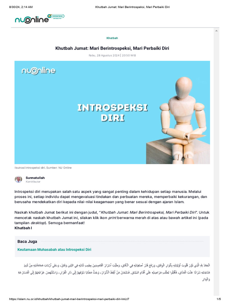 Khutbah Jumat - Mari Berintrospeksi, Mari Perbaiki Diri | PDF