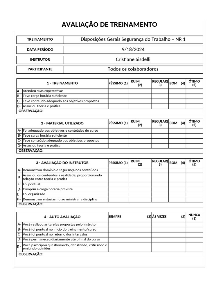 Formulario de Avaliacao de Treinamento | PDF