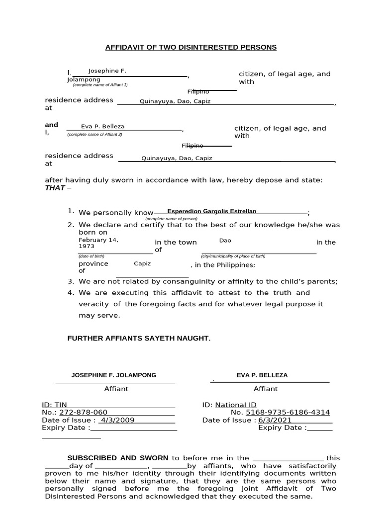 Affidavit of Two Disinterested Persons | PDF | Affidavit | Evidence