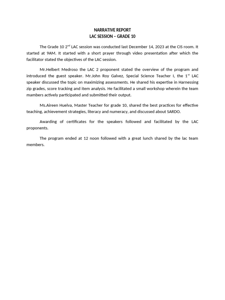 Lac2 Narrative Report | PDF