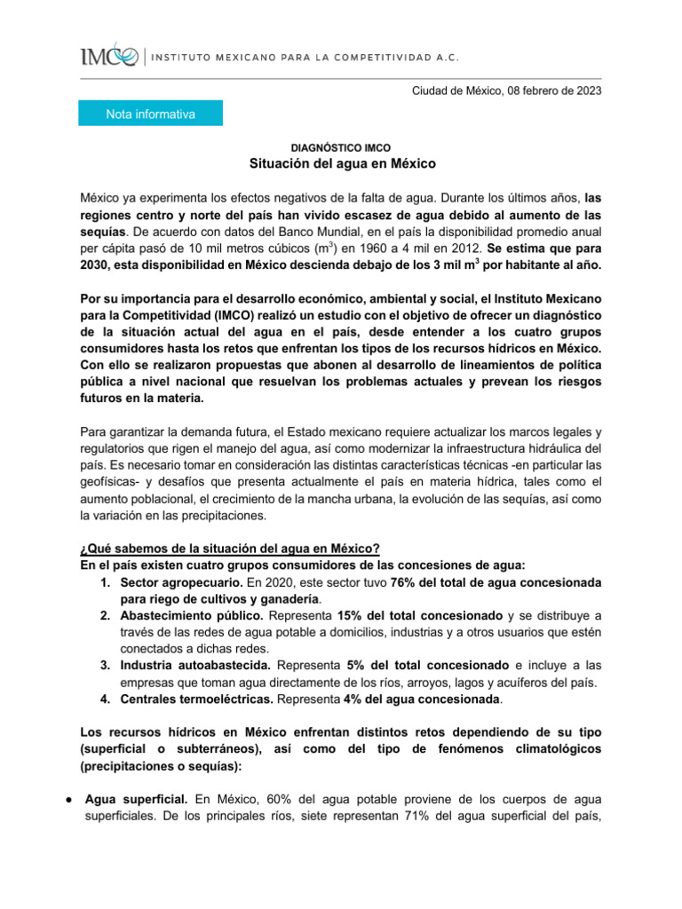 Nota IMCO La Situacion Del Agua en Mexico 1 | PDF