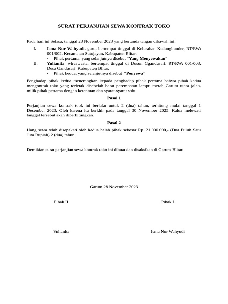 SURAT PERJANJIAN SEWA KONTRAK TOKO | PDF