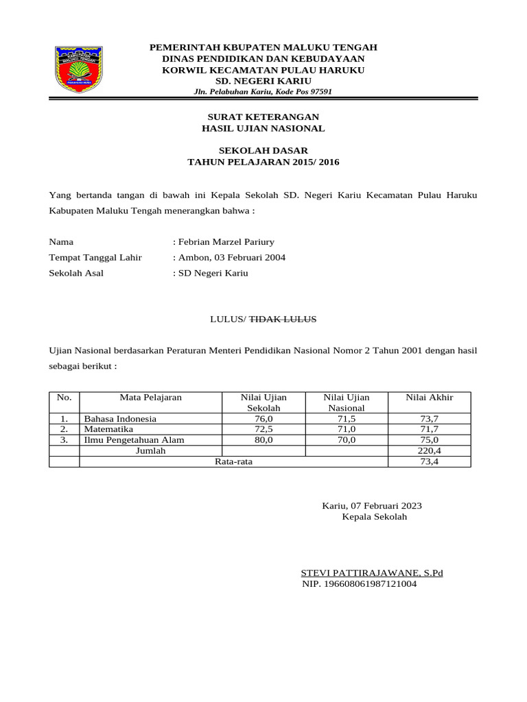 Keterangan Skhun SD | PDF