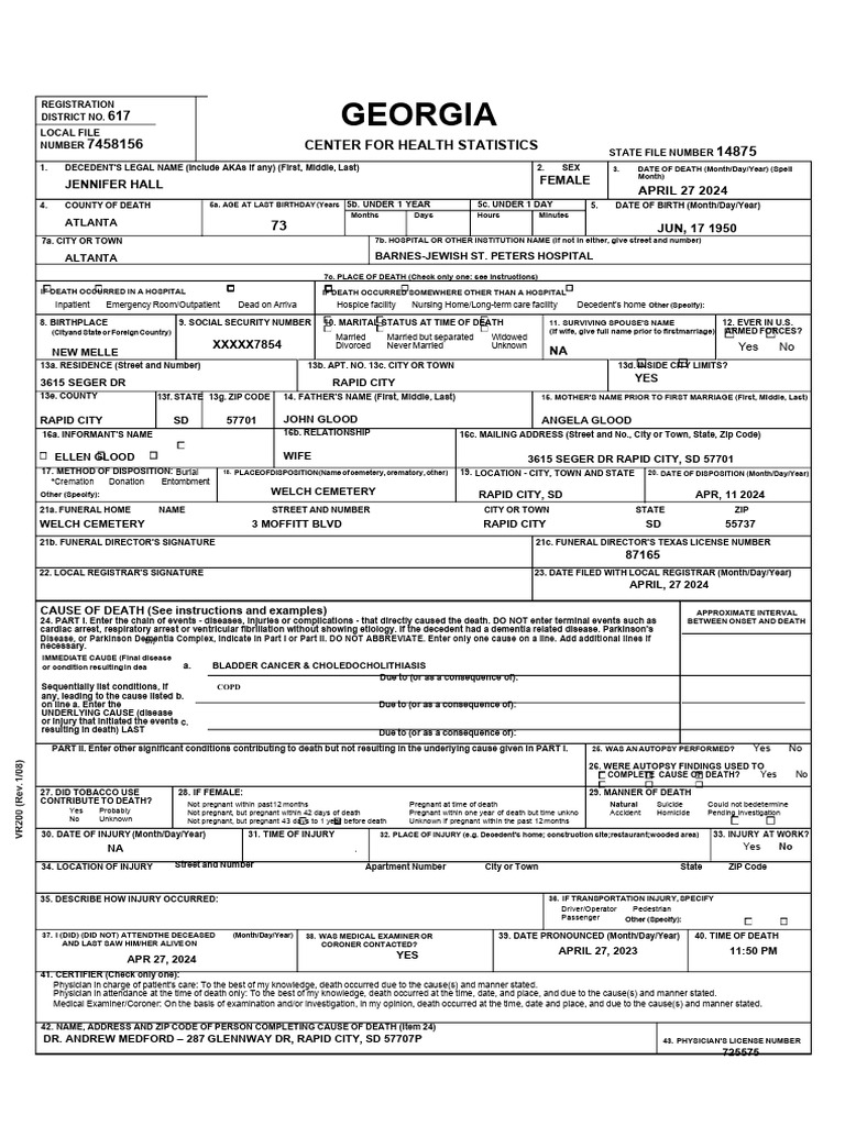 Death Certificate For Jennifer Hall | PDF