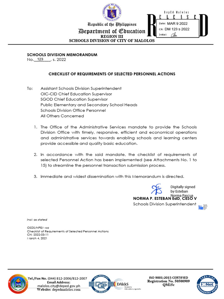 DM 123 S 2022 Checklist of Requirements of Selected Personnel Actions | PDF