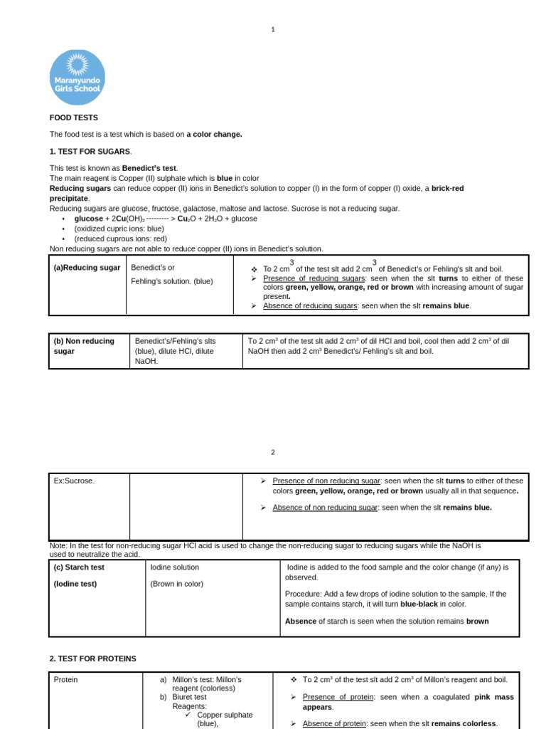 FOOD TESTS S1&S2 | PDF