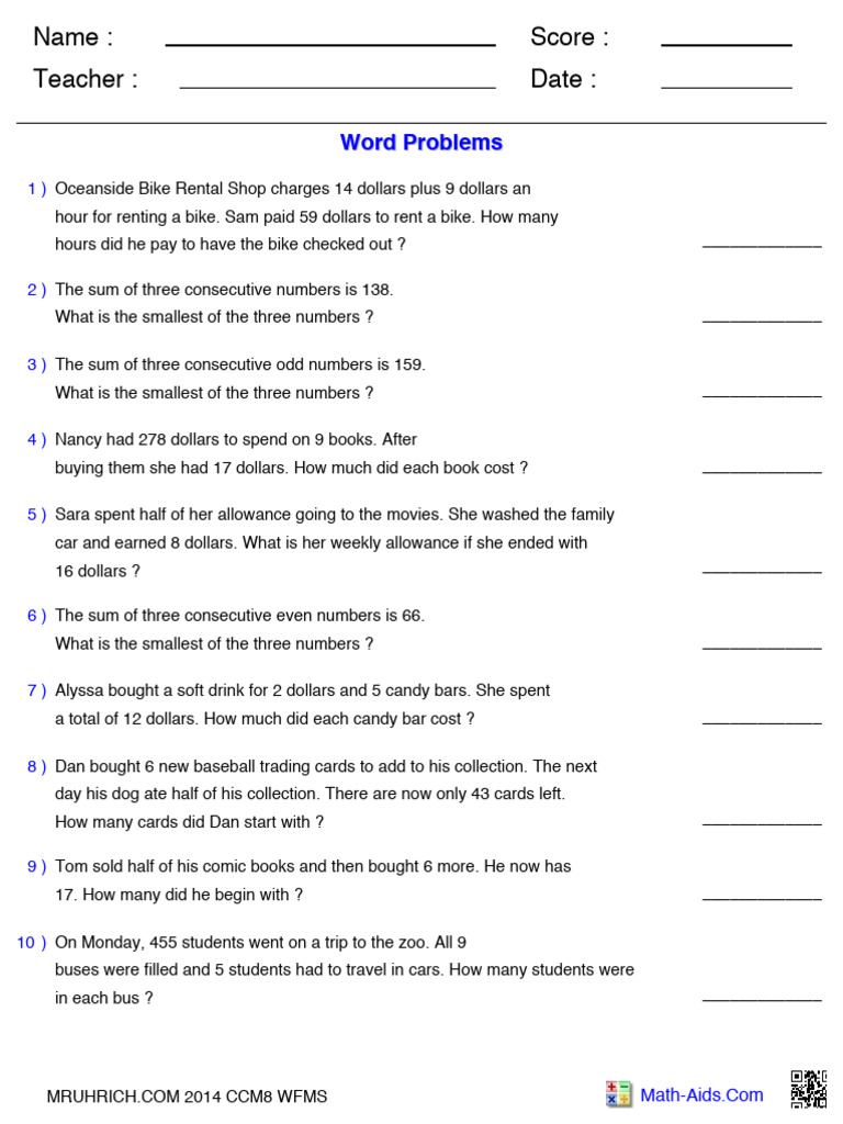 Variable Word Problesm | PDF