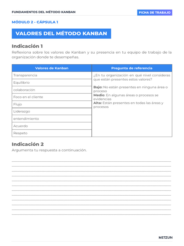 Ficha de Trabajo 1 - M2 - C1 - Valores Del Método Kanban | PDF