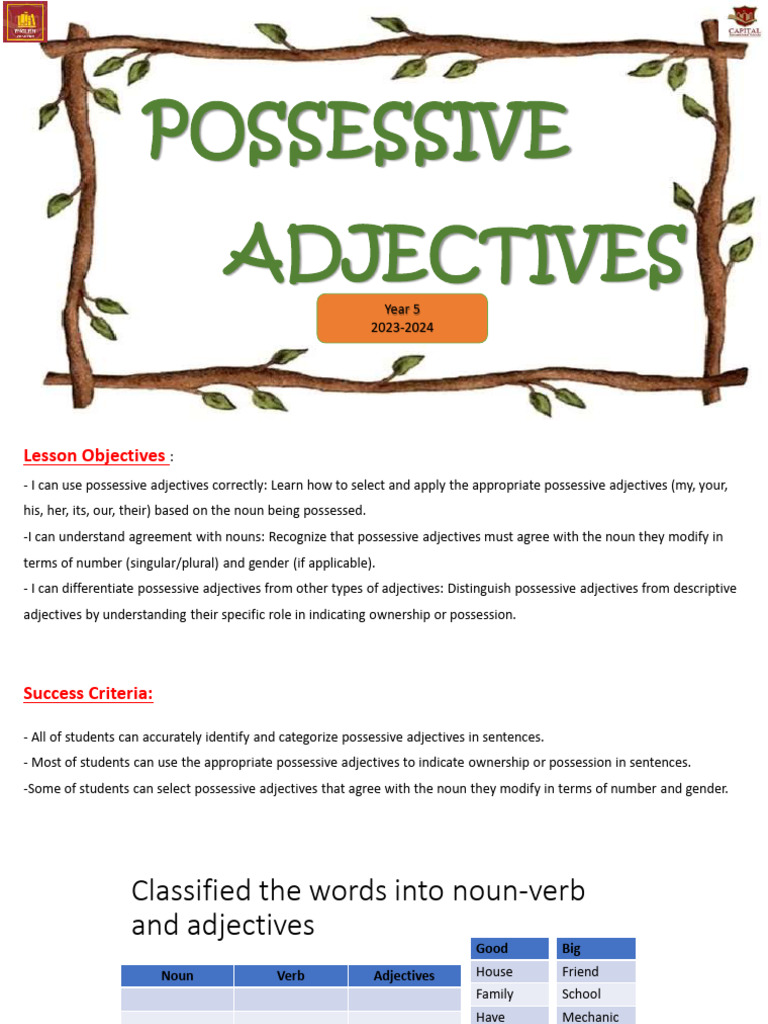 Possessive Adjectives Grammar Guides | PDF