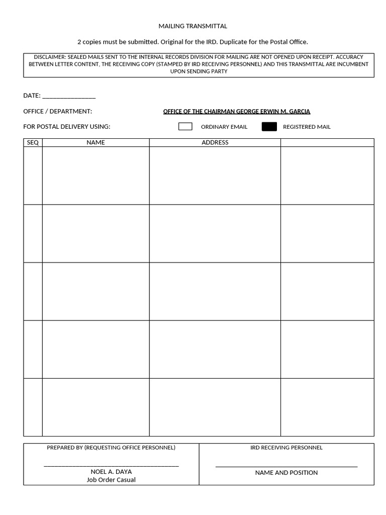 Mailing Transmittal | PDF