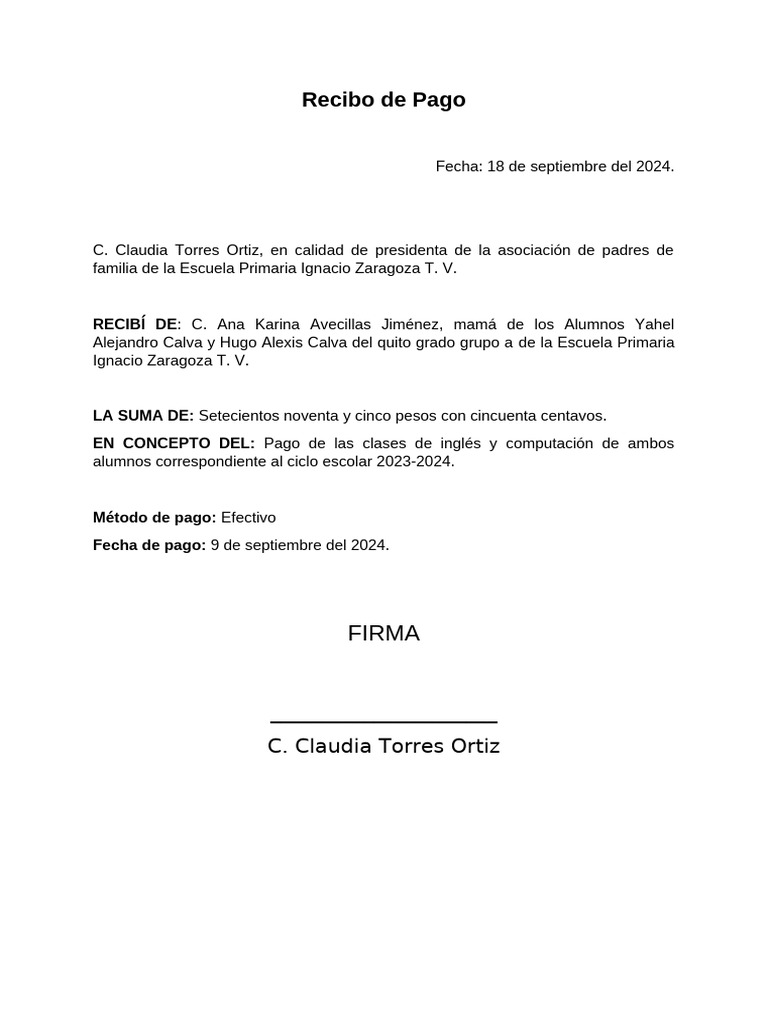 Plantilla de Recibo de Pago Escolar | PDF