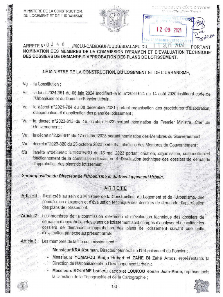 Arrete Portant Nomination Des Membres de La Commission D'examen Et D ...