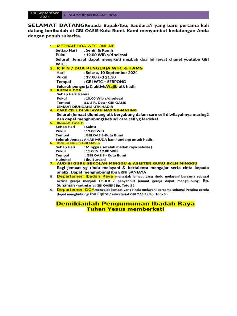 PENGUMUMAN IBADAH RAYA MINGGU 08 Sept 2024 | PDF