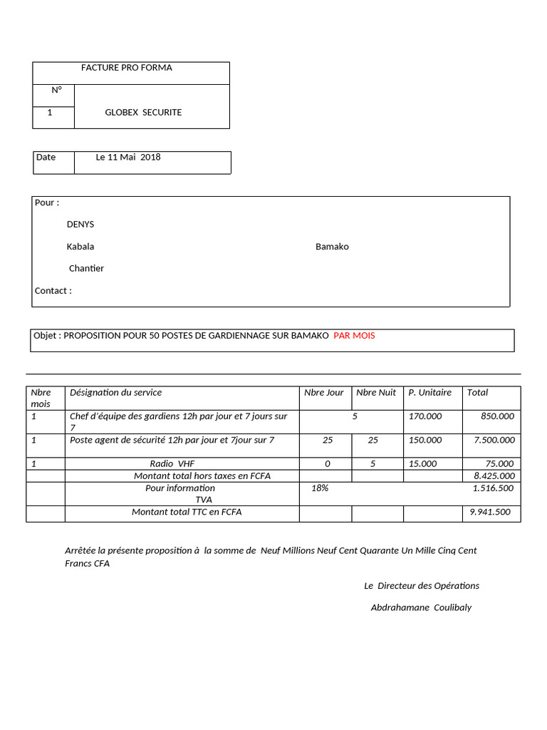 Facture Pro Forma Denys 50 | PDF