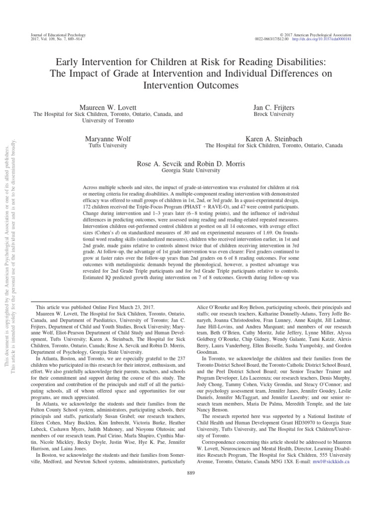 Early Intervention For Children at Risk For Reading Disabilities - The Impact of Grade at ...