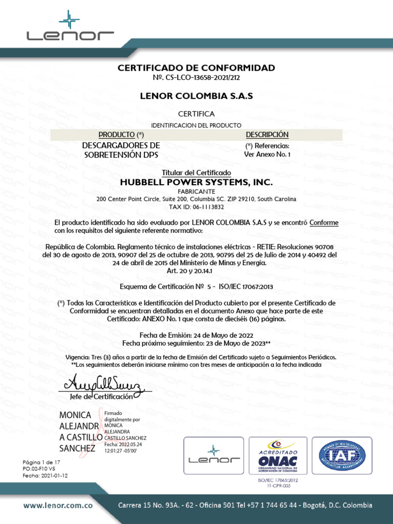 RETIE HUBBELL 13658 - Pararrayos y DPS | PDF