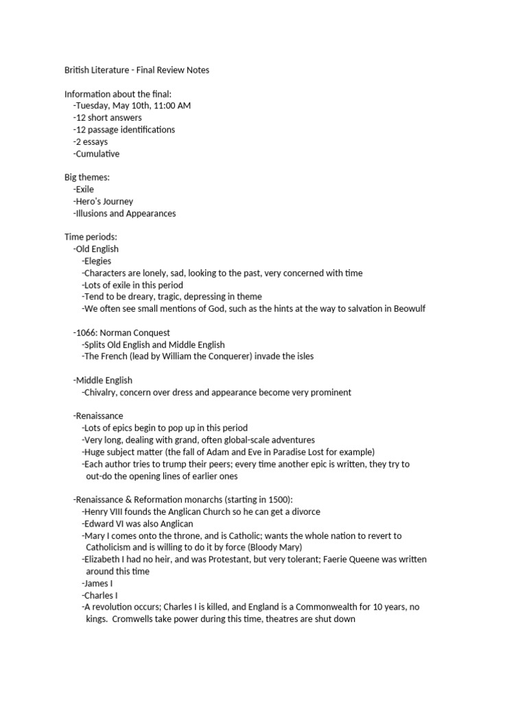 Brit-Lit Final Review Notes | PDF