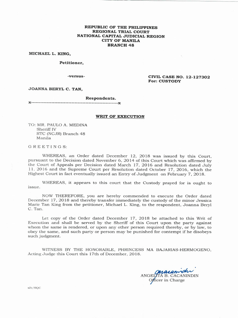 Writ Of Execution And Order Pdf