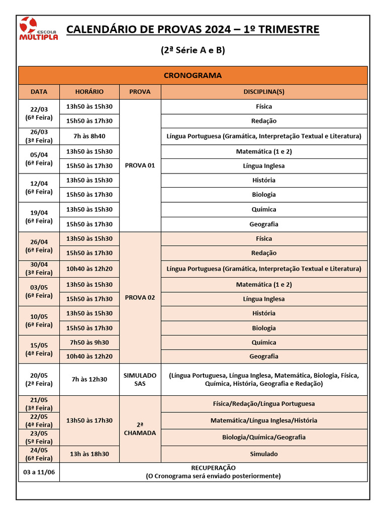 Calendário De Provas 1º Trimestre 2 Série Em Pdf