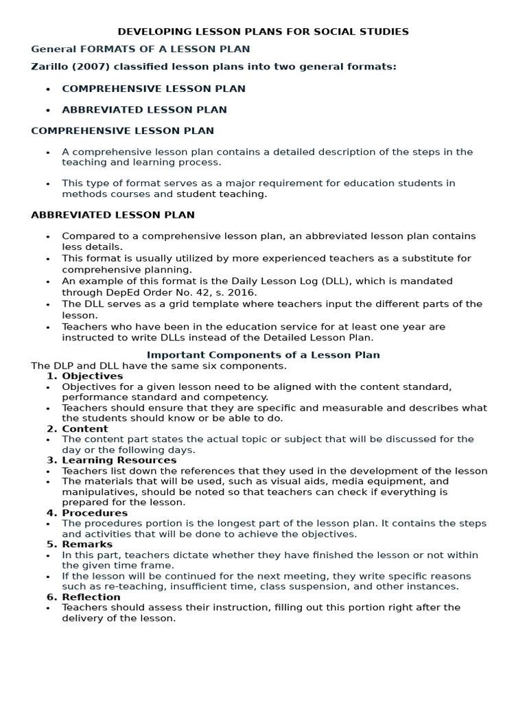 Summary of Developing Lesson Plans For Social Studies | PDF