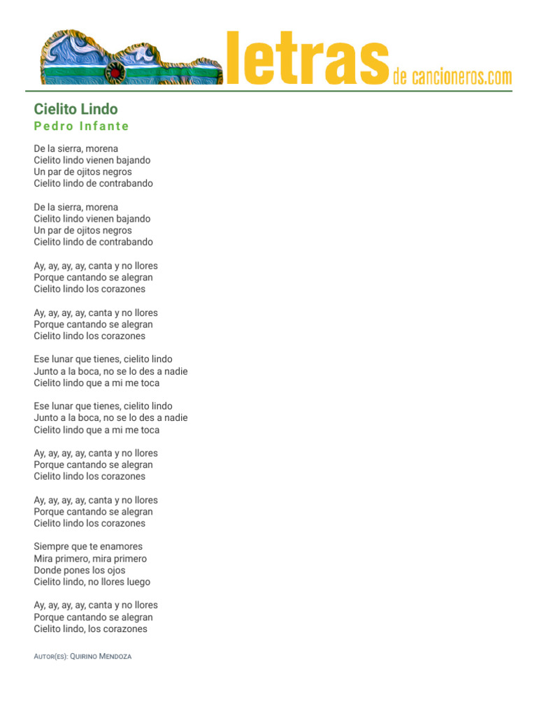 Letra de Cielito Lindo en Español | PDF | Artes del Lenguaje y ...