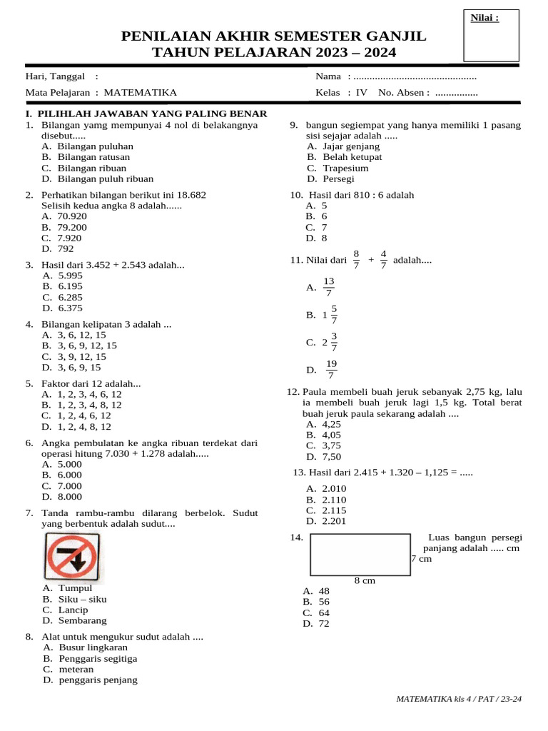 PAT Matematika Kelas 4 2023-2024 | PDF