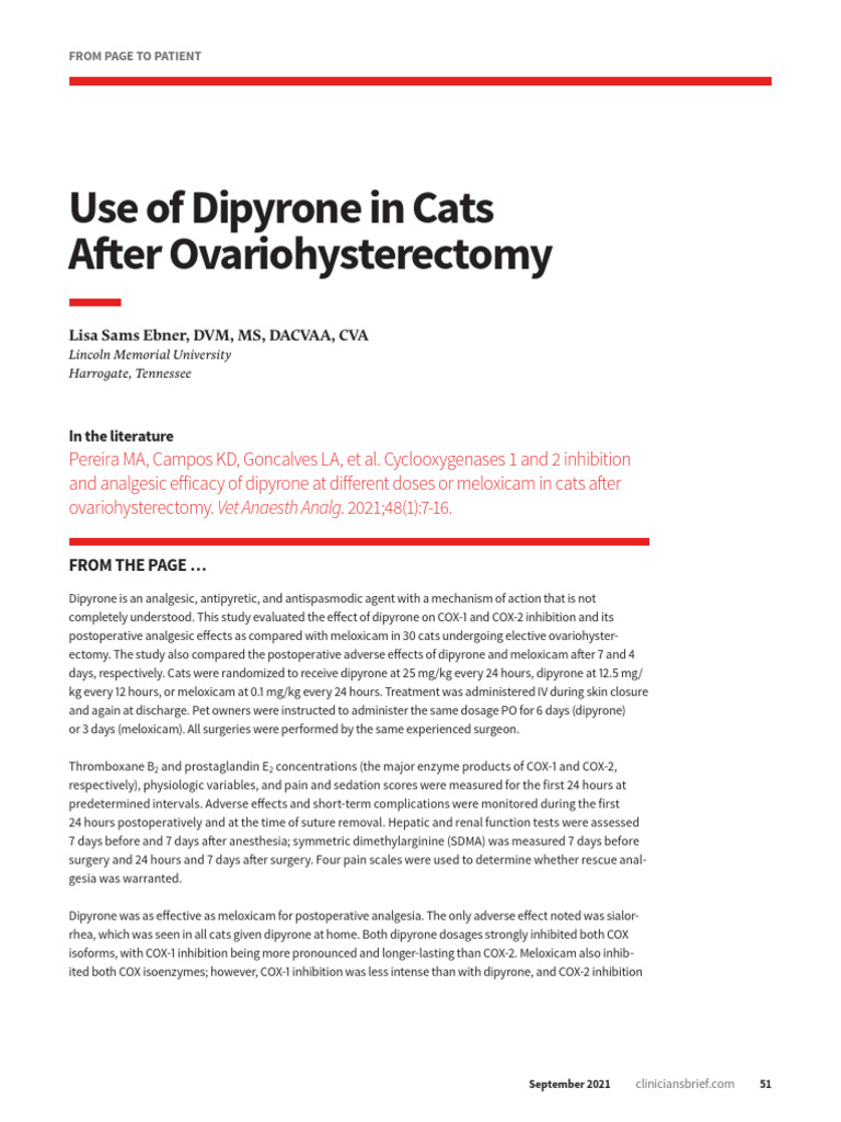 Use of Dipyrone in Cats After Ovariohysterectomy | PDF