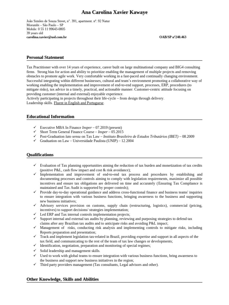 CV Ana Carolina Xavier English 2 | PDF