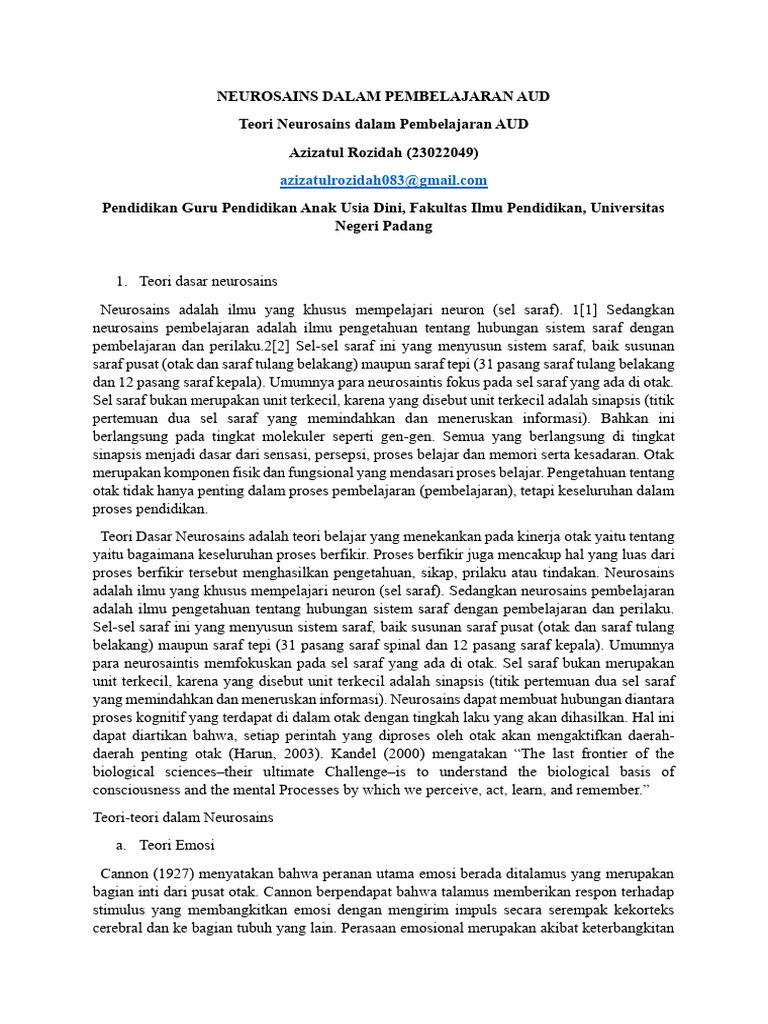 Neurosains Dalam Pembelajaran Aud | PDF