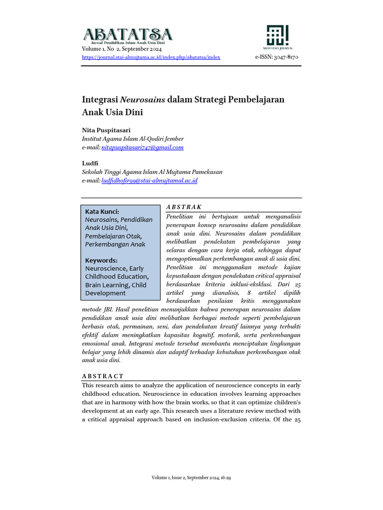 Integrasi Dalam Strategi Pembelajaran Anak Usia Dini: Neurosains | PDF