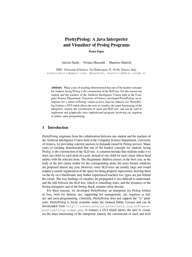 Prettyprolog: A Java Interpreter and Visualizer of Prolog Programs | PDF