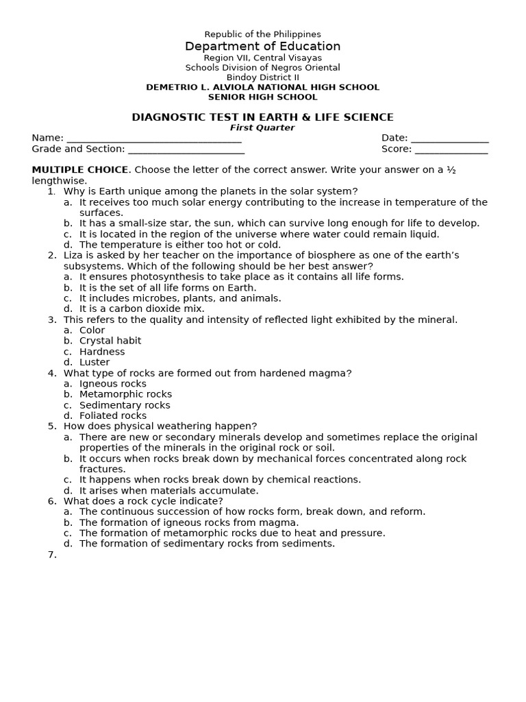 FINAL Diagnostic Test in Earth & Life Science | PDF | Rock (Geology ...