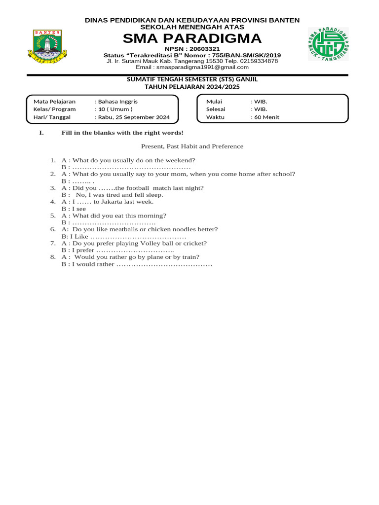 Soal STS bing,sjrdn Ganjil 2024-2025 | PDF