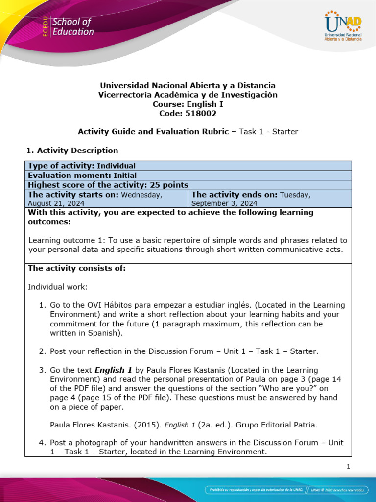 Activity Guide and Evaluation Rubric - Unit 1 - Task 1 - Starter | PDF