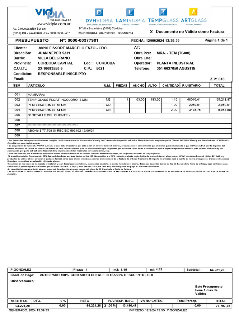 X Presupuesto Nº: 0000-00377901: Documento No Válido Como Factura | PDF