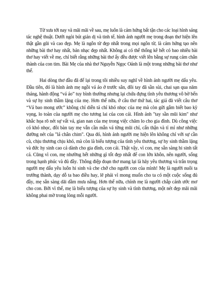 Bai Viet Nghi Luan-Bai Tho Ve Me | PDF