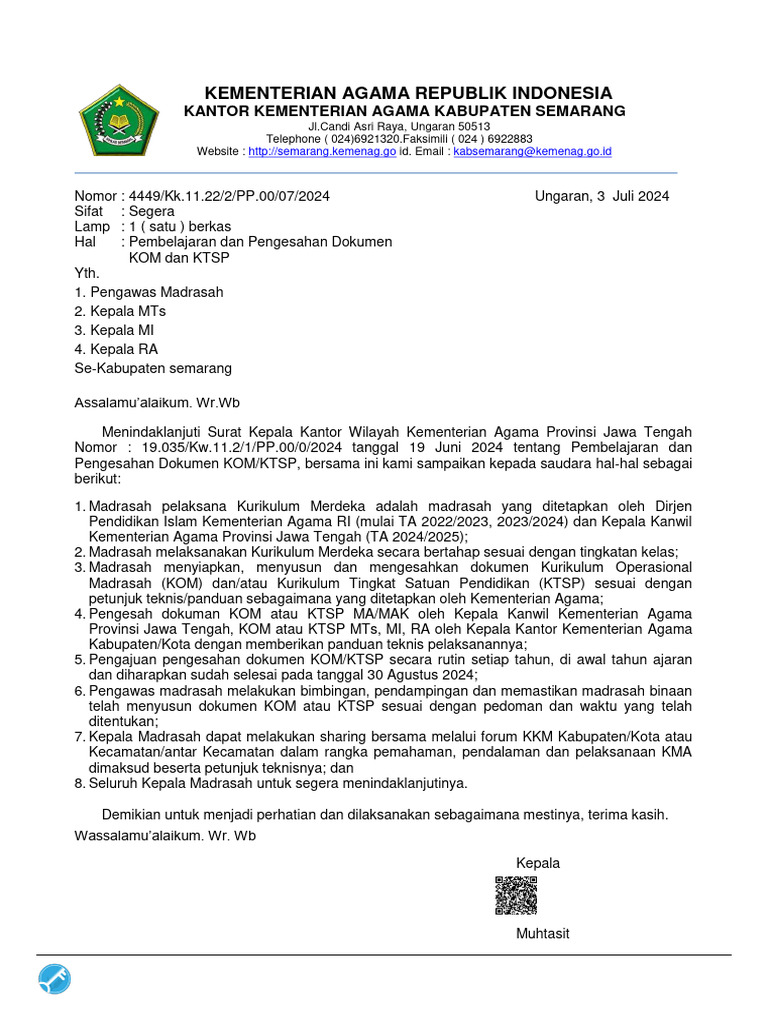 Surat Pengesahan KOM-KTSP 2024 | PDF