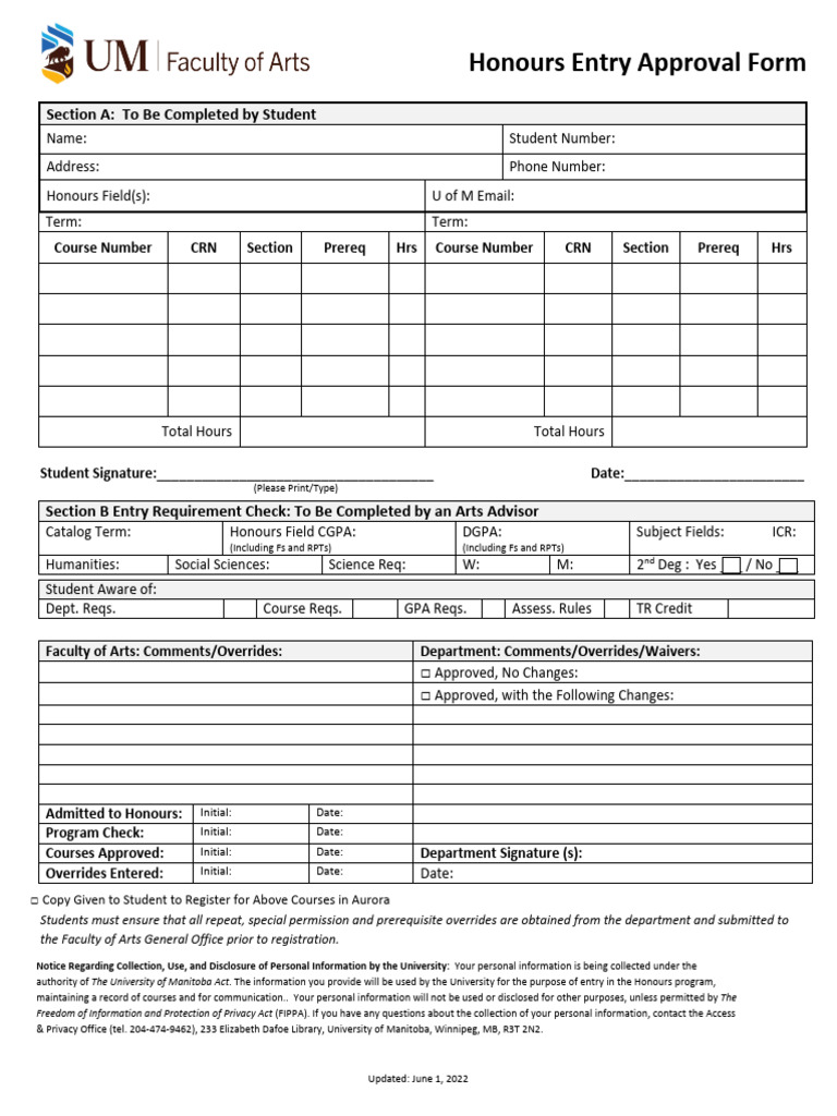 Honours Entry Approval Form 2020 Fillable | PDF