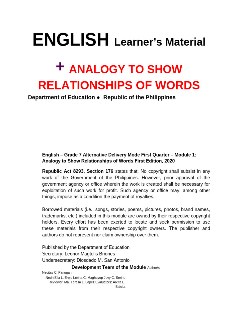 Eng7 - Q1 - Mod1 - Analogy To Show Relationships of Words - Version 3 | PDF