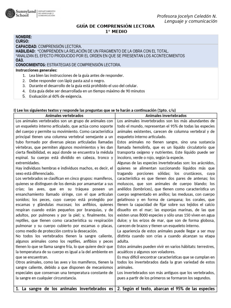 Guía de Comprensión Lectora 1° Medio | PDF | Vertebrados | Ciencia y ...