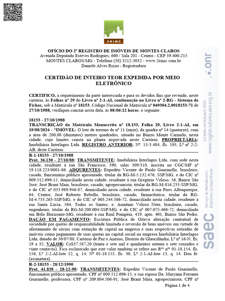 Certidão de Inteiro Teor Expedida Por Meio Eletrônico: Os Os | PDF
