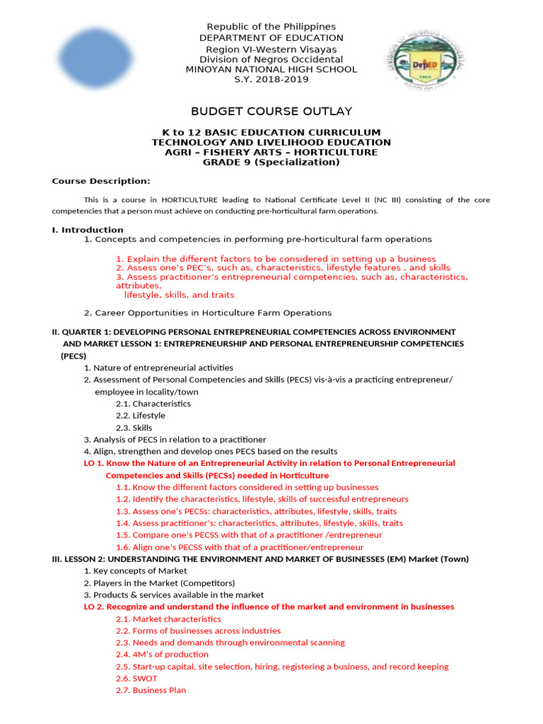 Budget Course Outlay for Horticulture | PDF | Entrepreneurship | Swot ...