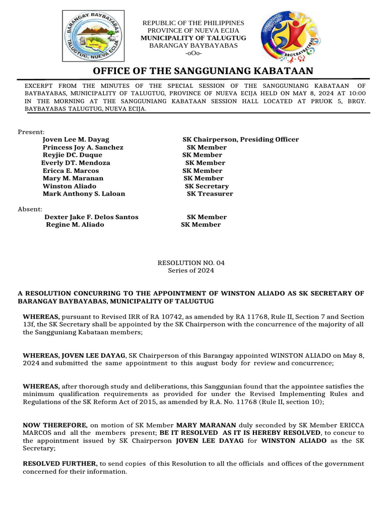 Resolution of Appointment of SK Treasurer | PDF | Government