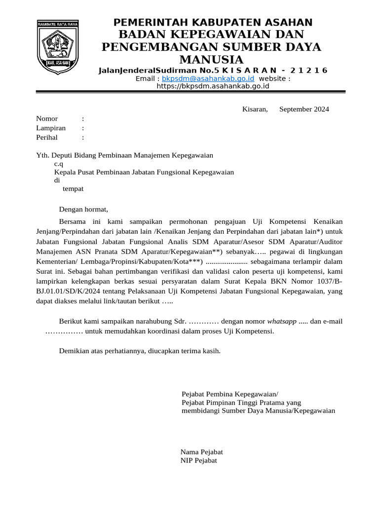 Contoh Format Surat Usulan Uji Kompetensi JFK v2 | PDF